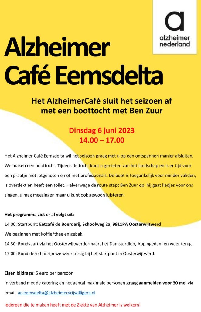 Alzheimer Café Eemsdelta – dinsdag 6 juni 2023 - boottocht - Mensen met ...